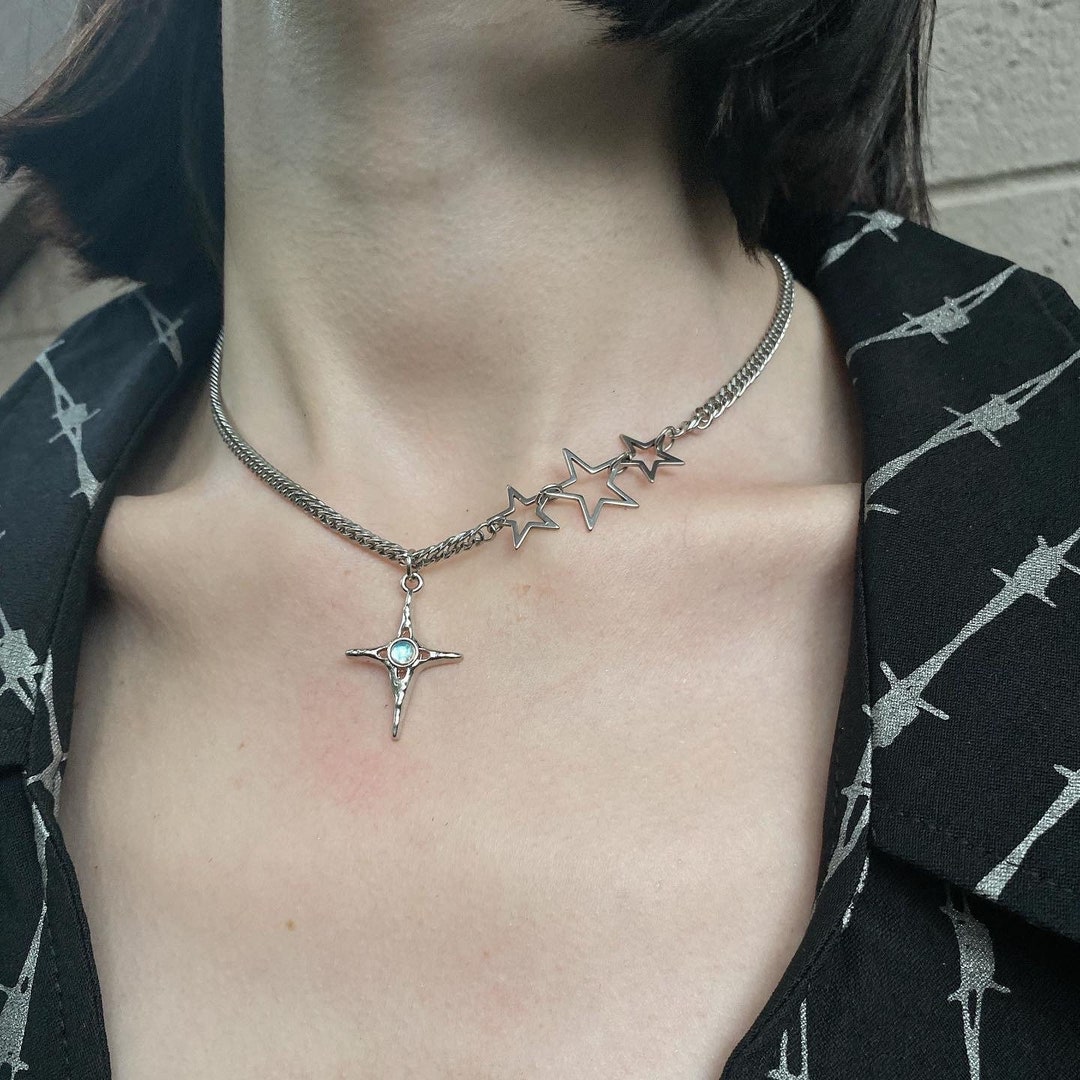Charm Necklace With Rhinestone Pendant and Stars / Cyber, Futuristic ...