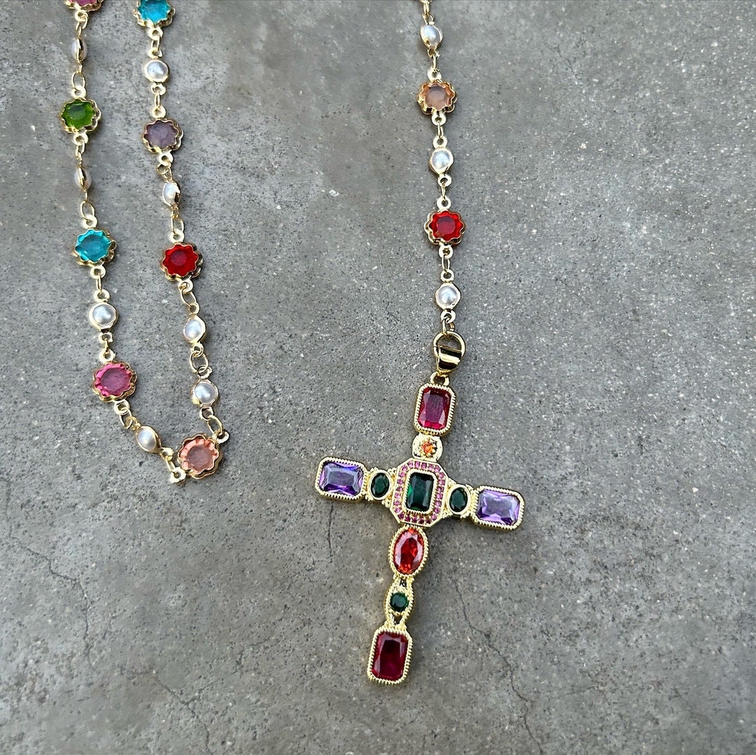 Colorful Stone Gold Cross Pendant on Colorful Stone Long Rosary Chain ...