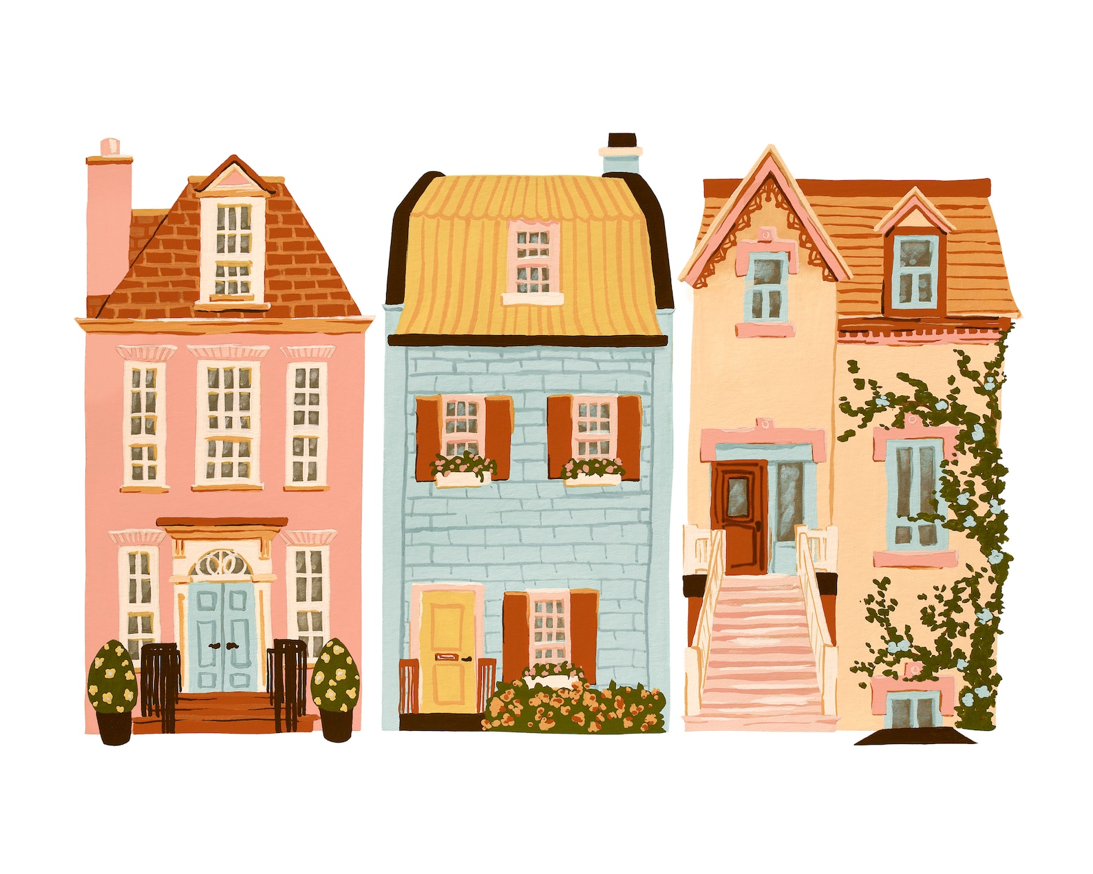 Row of Houses Original Print | 5x7, 8x10 Gouache Landscape Painting ...