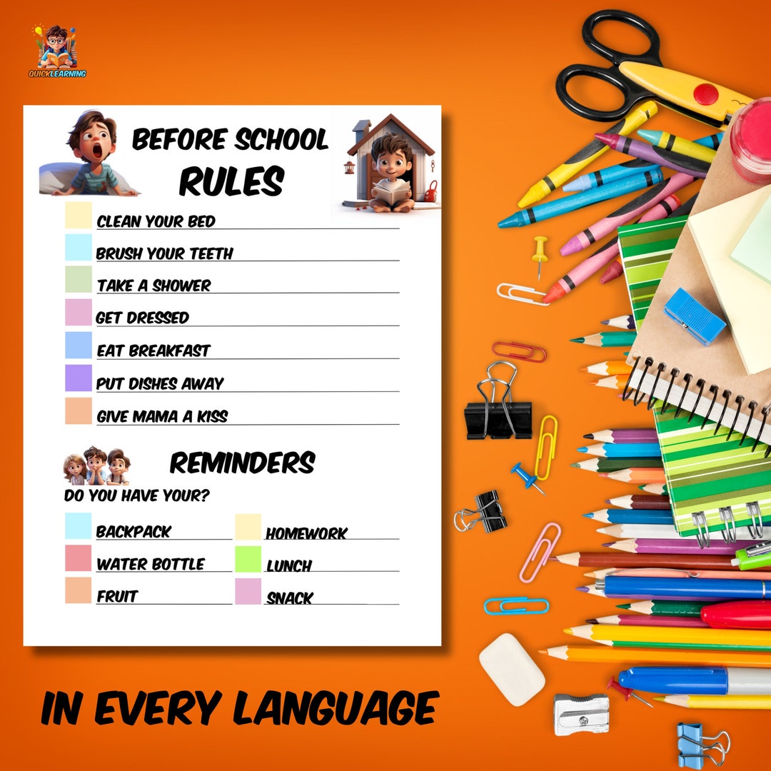 Printable Before School Rules List Kids Checklist Daily Routine To-do ...