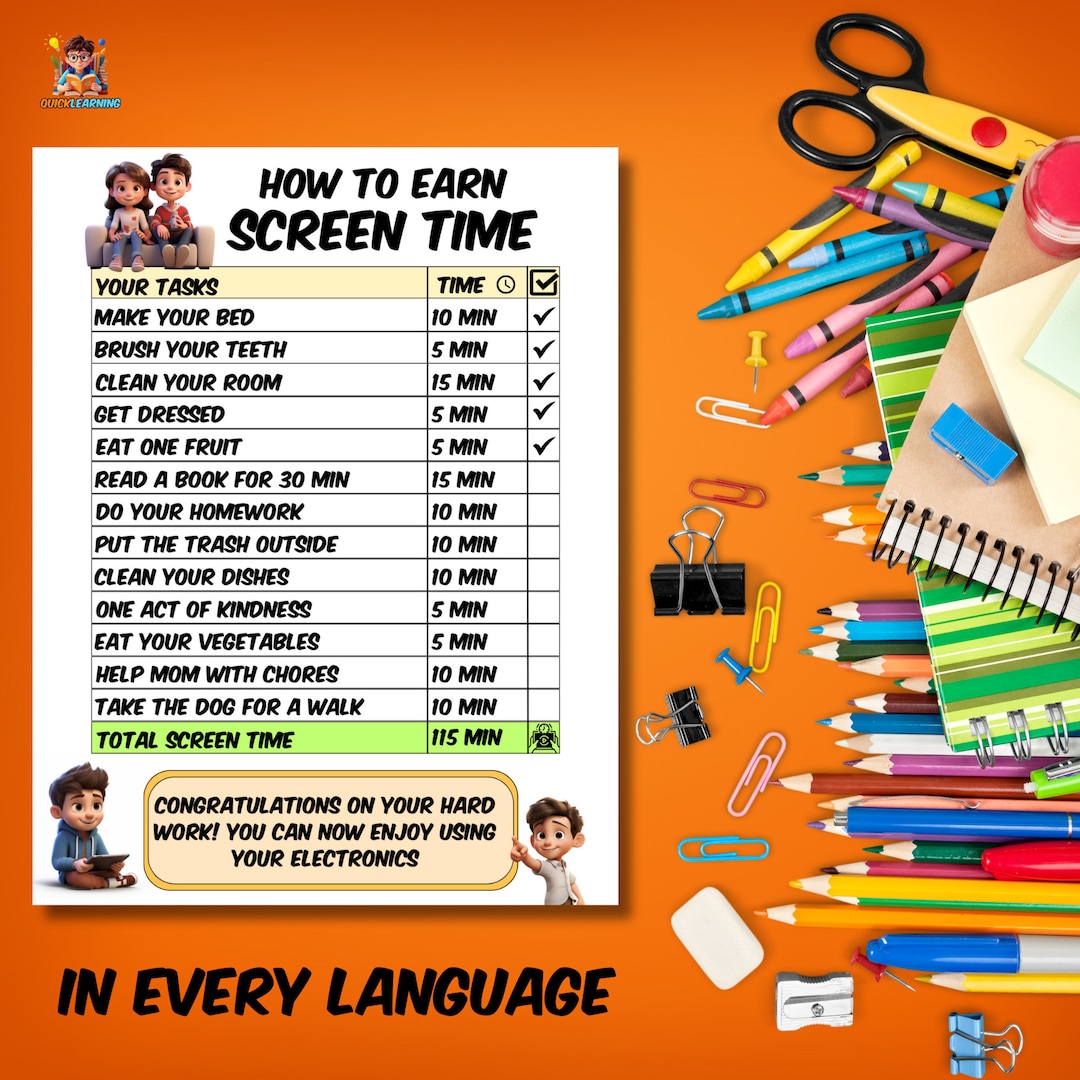 Printable How to Earn Screen Time, Kids Checklist | Daily Routine | To ...