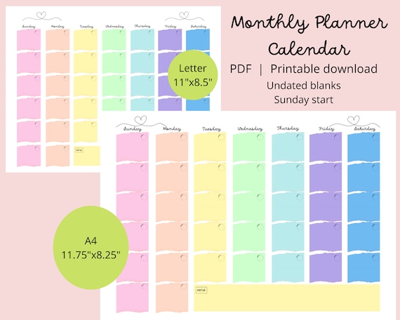 Pastel Rainbow Printable Monthly Planner Calendar Template - Etsy