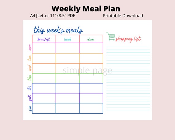 Weekly Meal Plan Meal Prep A4 Letter Wide PDF Printable - Etsy
