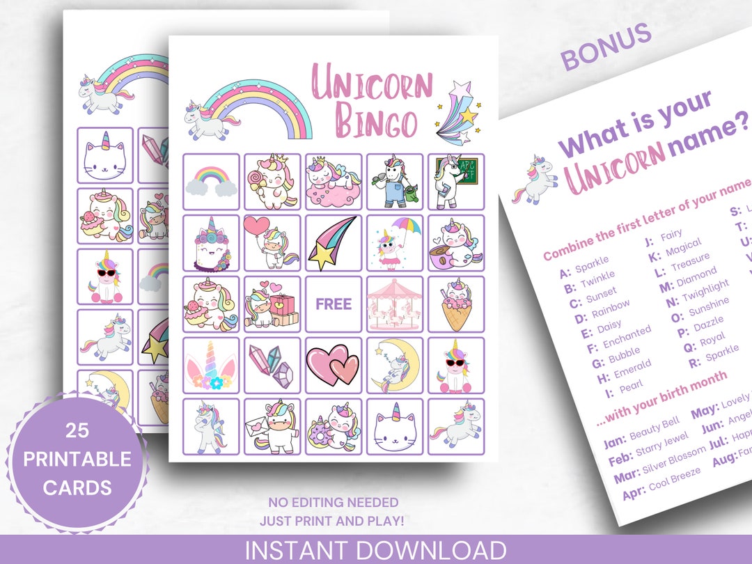 25 Unicorn Bingo Cards, Birthday Party Games, Printable Bingo, Girl ...