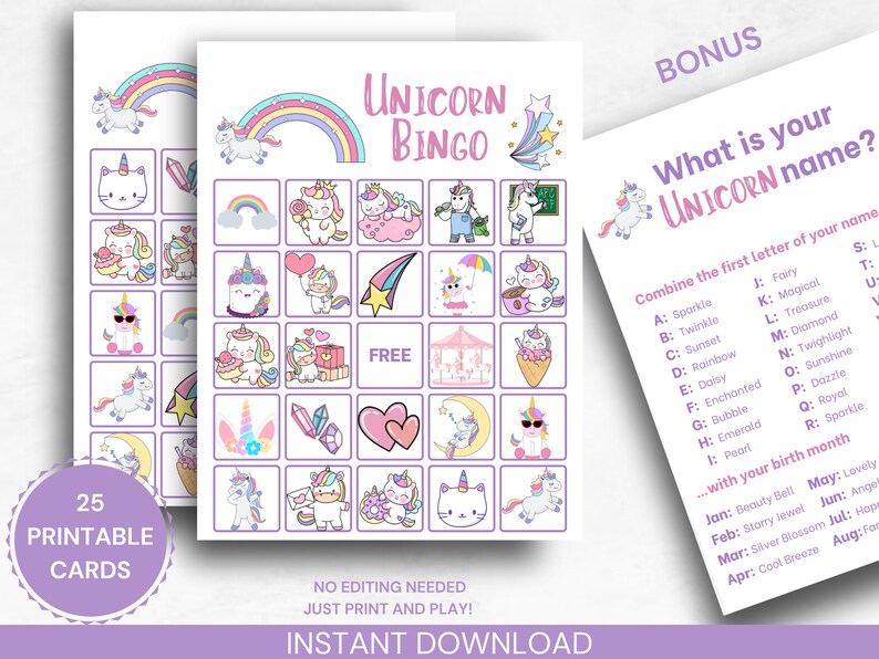 25 Unicorn Bingo Cards, Birthday Party Games, Printable Bingo, Girl ...