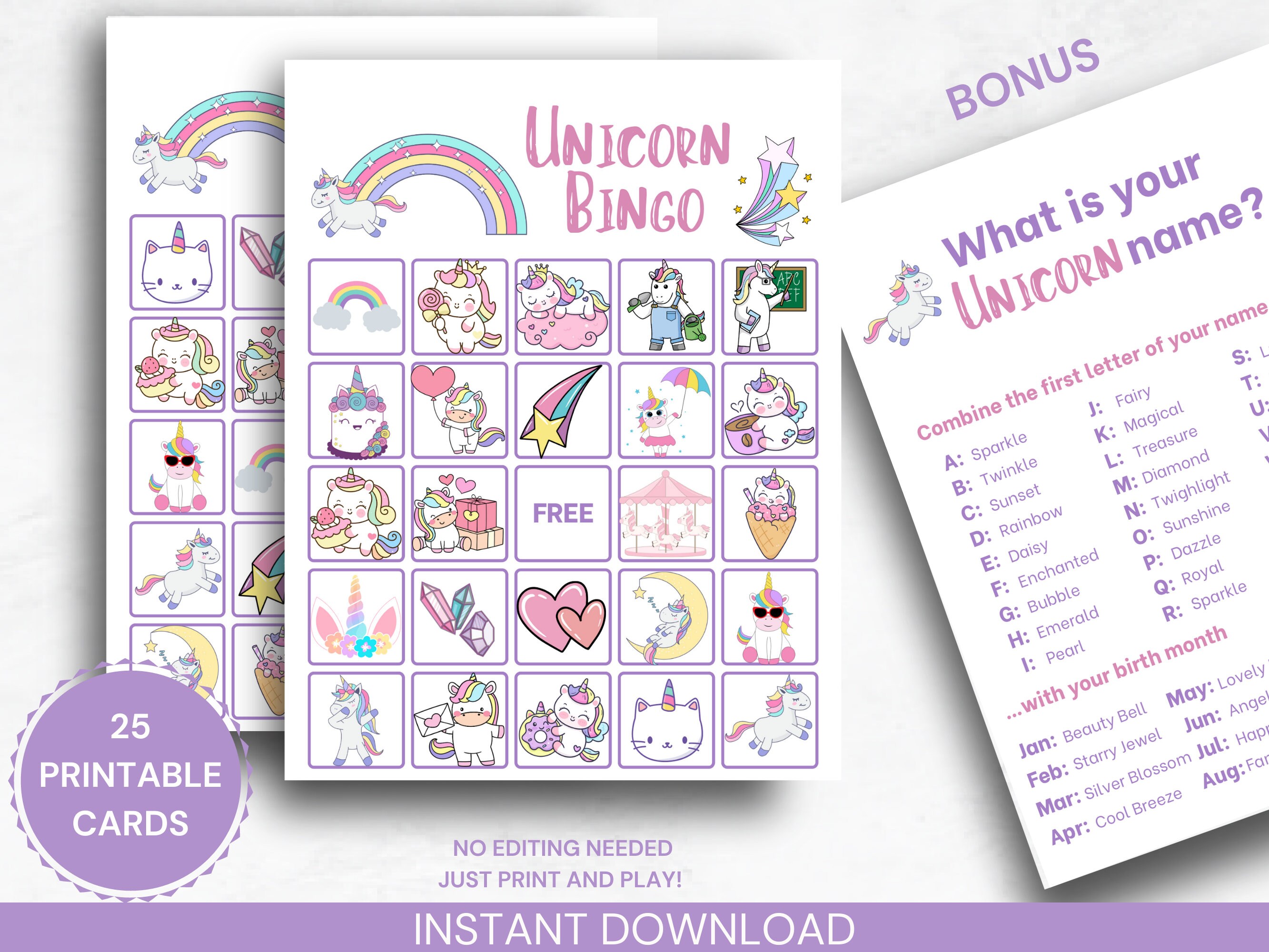 25 Unicorn Bingo Cards, Birthday Party Games, Printable Bingo, Girl ...