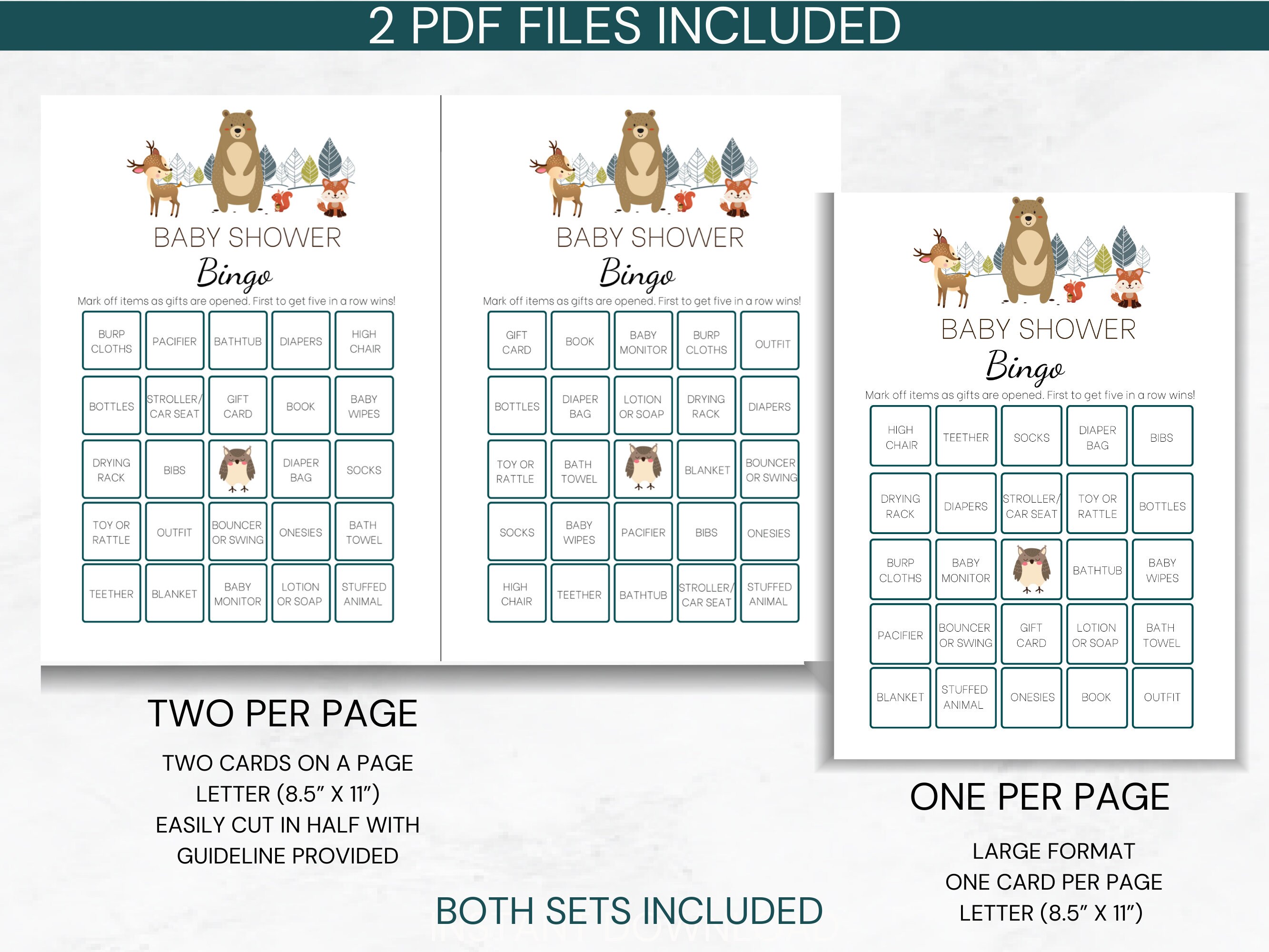 Baby Shower Bingo, Woodland Baby Shower Game, Printable Baby Shower ...