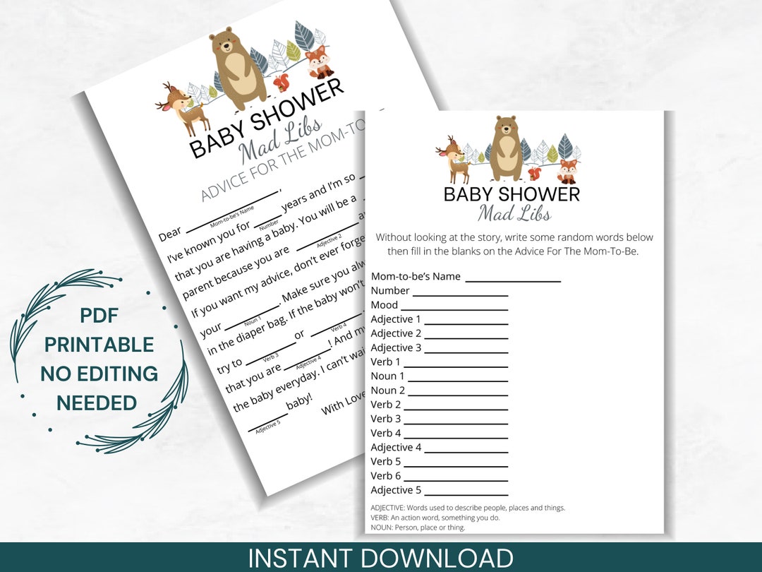 Woodland Baby Shower Mad Libs, Printable Baby Shower Game, Printable ...