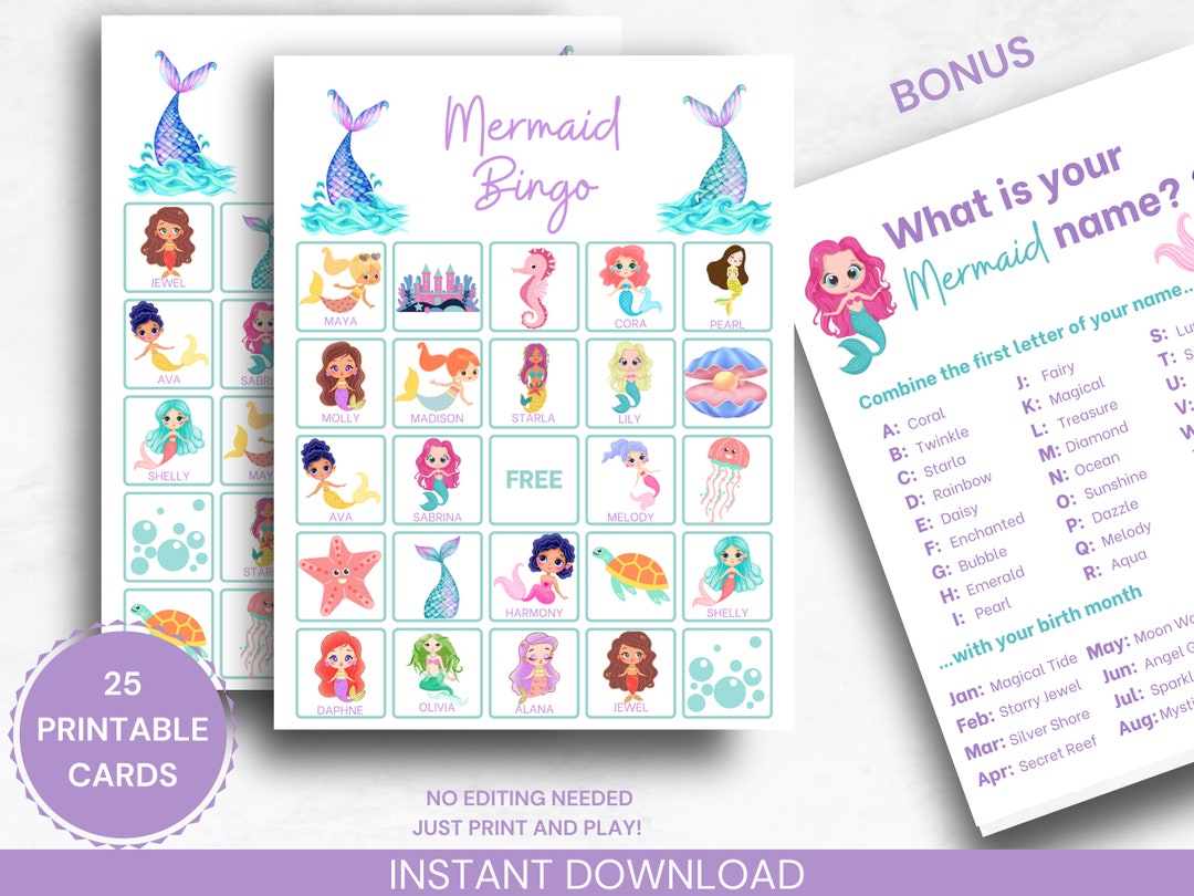 25 Mermaid Bingo Cards, Birthday Party Games, Printable Bingo, Girl ...
