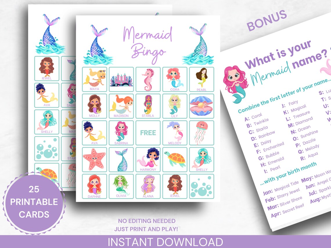 25 Mermaid Bingo Cards, Birthday Party Games, Printable Bingo, Girl ...