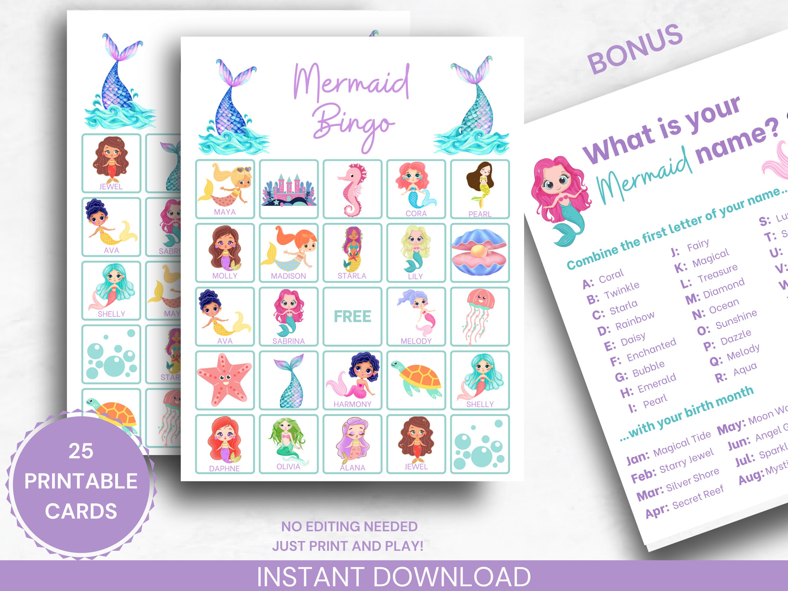 25 Mermaid Bingo Cards, Birthday Party Games, Printable Bingo, Girl ...