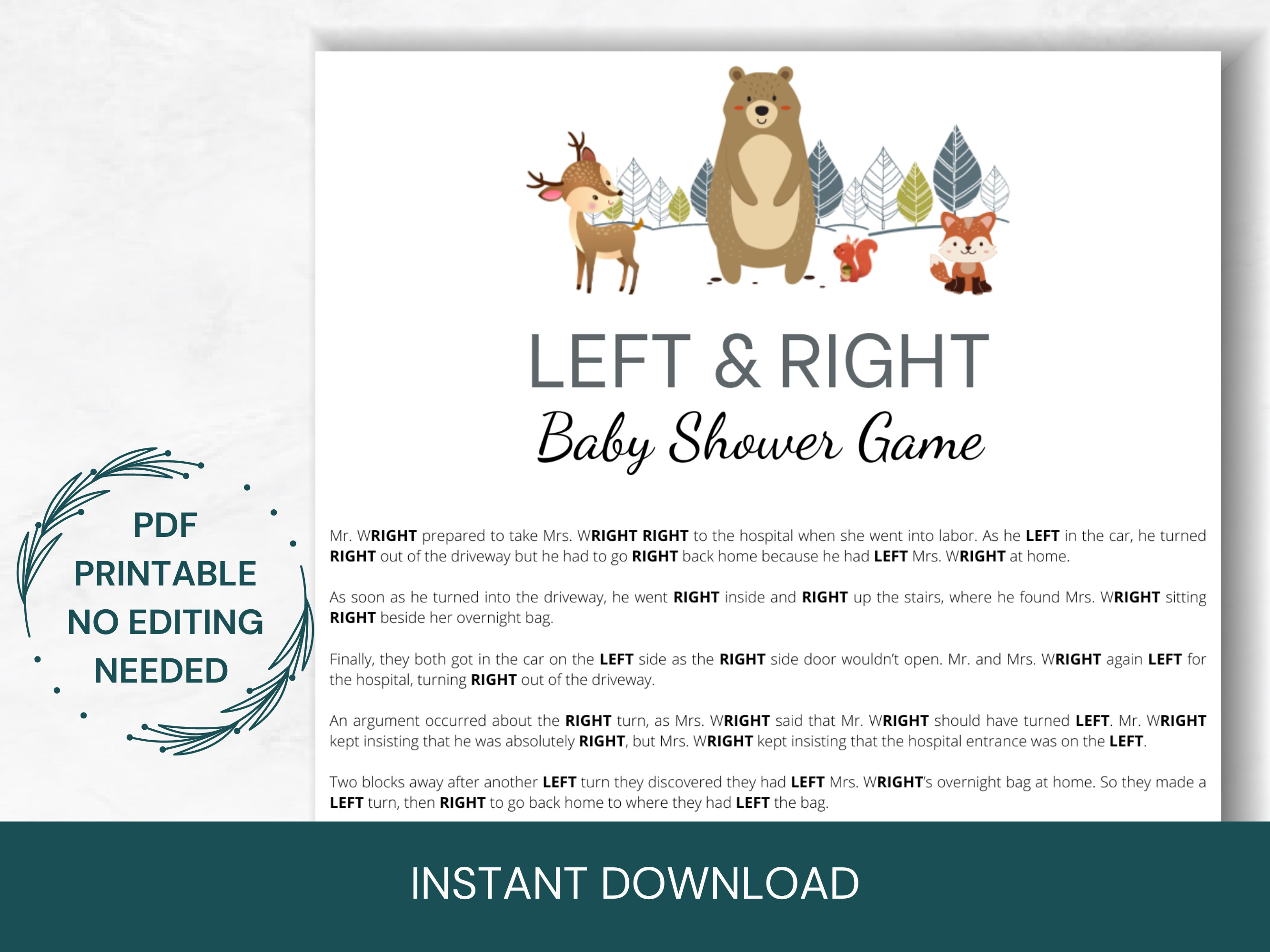 Woodland Baby Shower Game: Left Right Story (PDF Download) - Etsy