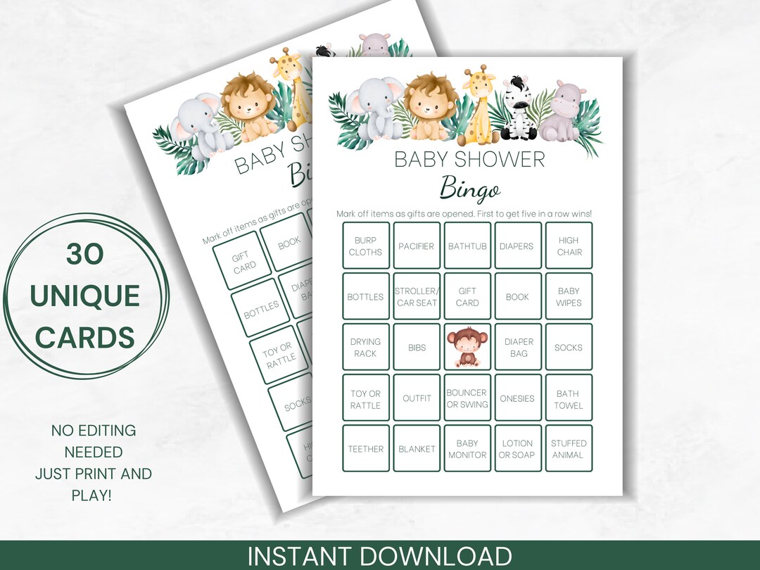 Baby Shower Bingo, Safari Baby Shower Game, Printable Baby Shower Bingo ...