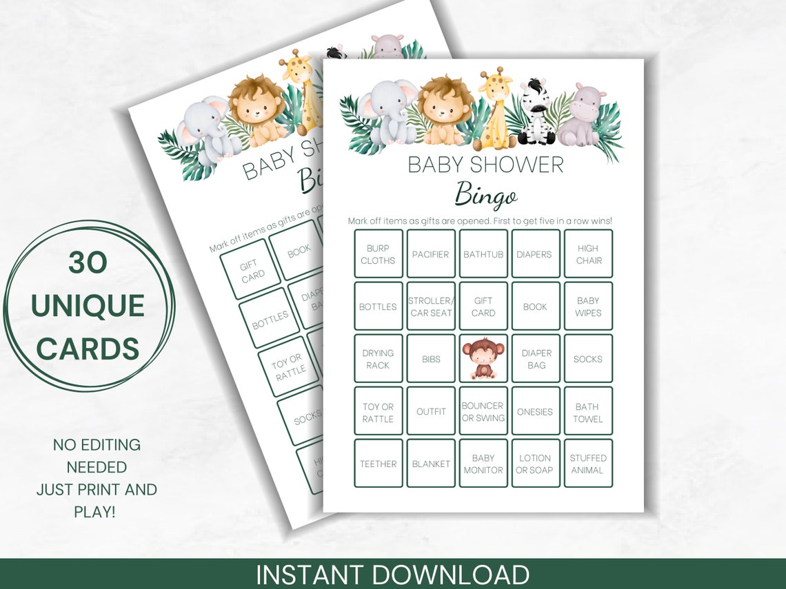 Baby Shower Bingo, Safari Baby Shower Game, Printable Baby Shower Bingo ...