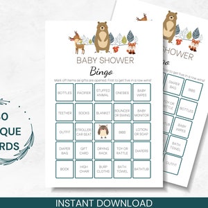 Baby Shower Bingo, Woodland Baby Shower Game, Printable Baby Shower ...