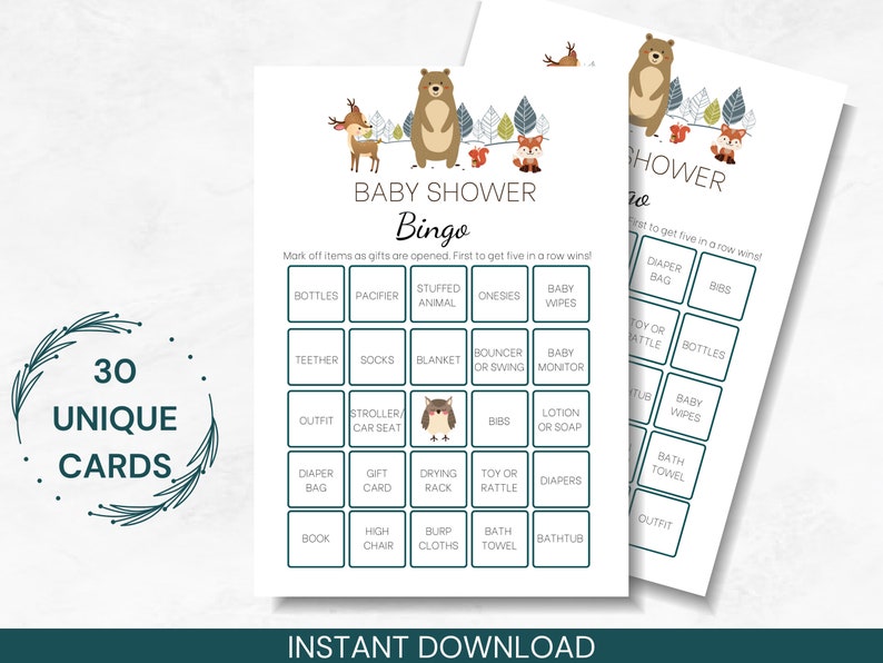 Baby Shower Bingo, Woodland Baby Shower Game, Printable Baby Shower ...
