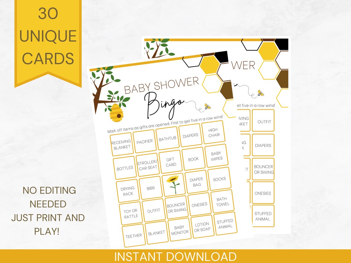 Baby Shower Bingo, Bee Baby Shower Game, Printable Baby Shower Bingo ...