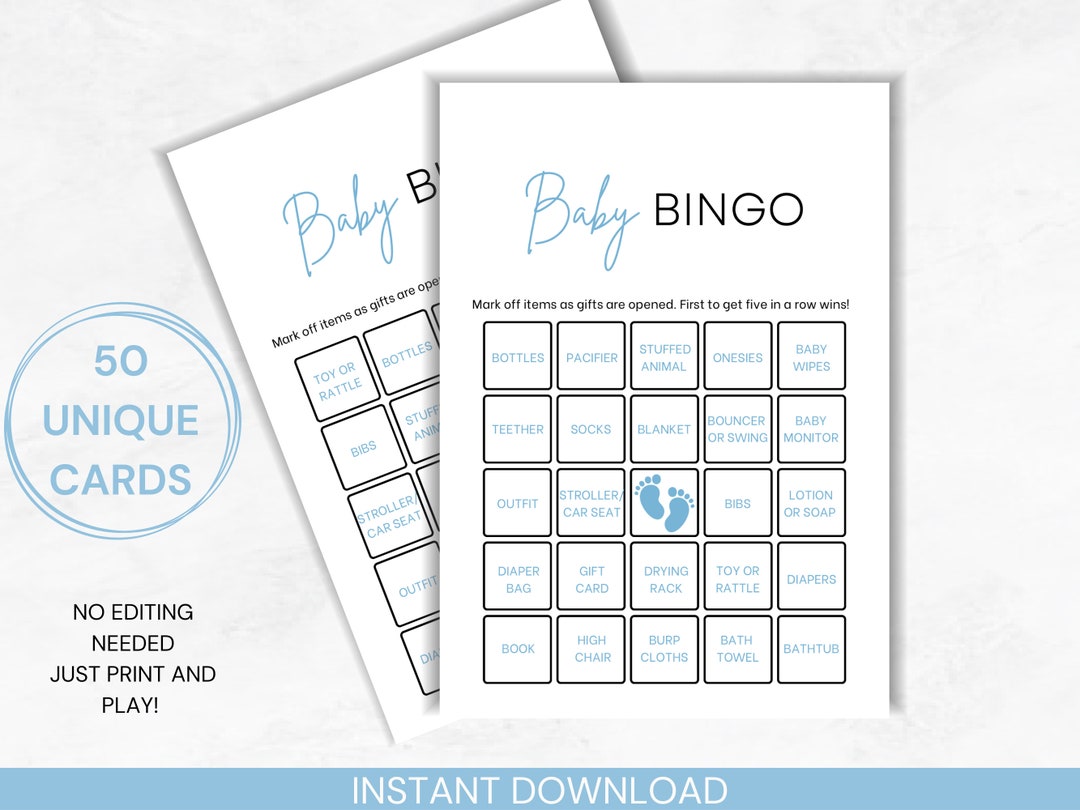50 Blue Baby Bingo, Minimalist Baby Shower Game, Printable Baby Shower ...