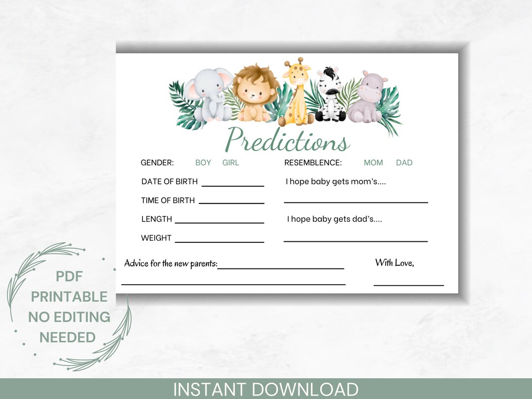 Safari Baby Shower Predictions Cards, Baby Shower Predictions, Safari ...