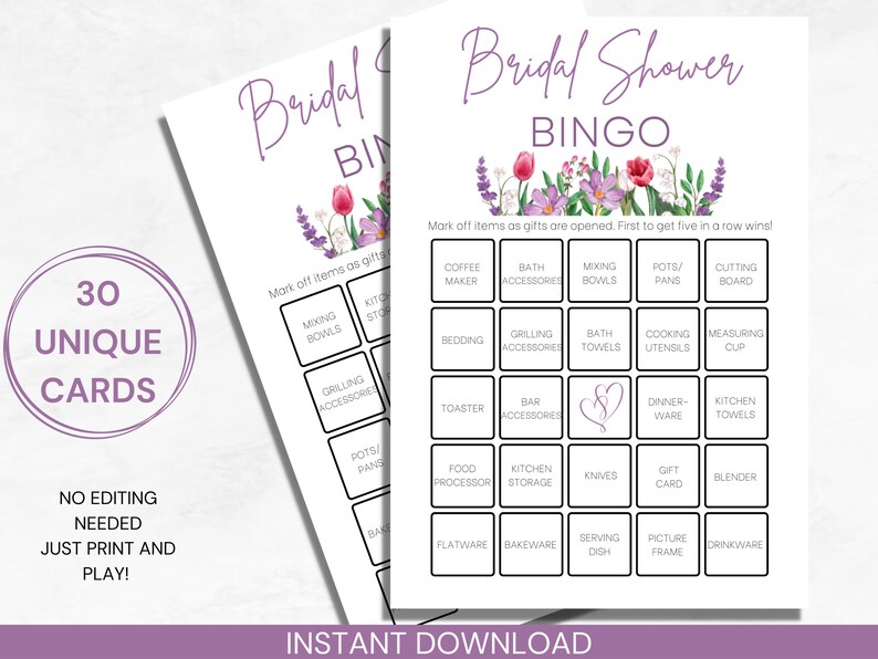 30 Bridal Shower Bingo Cards, Spring Bridal Shower Game, Printable Bingo, 30 Unique Bridal ...