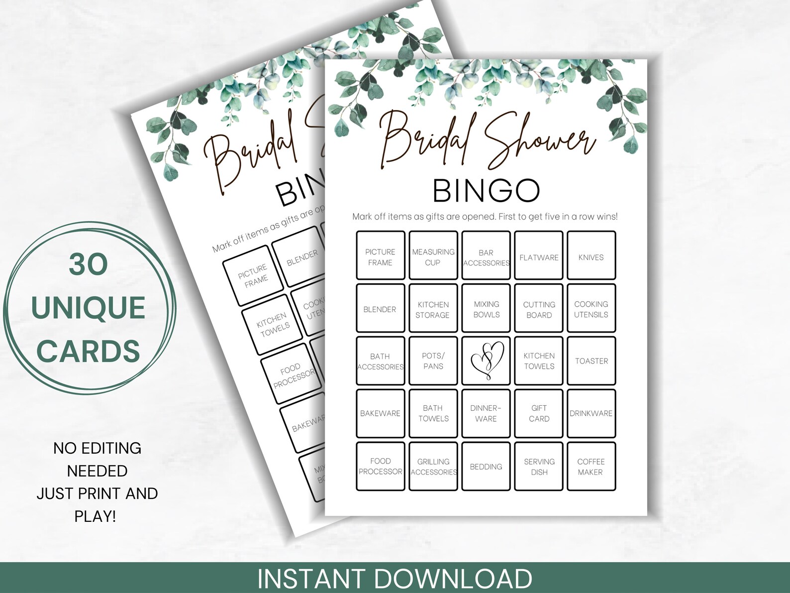 30 Eucalyptus Bridal Shower Gift Bingo, Bridal Shower Game, Printable ...