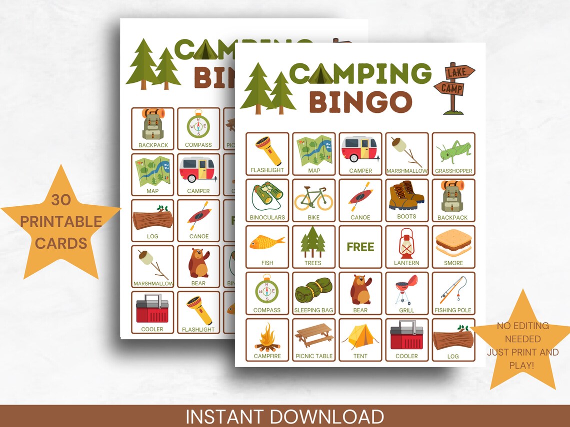 30 Camping Bingo Cards: Printable Party Games (PDF) - Etsy