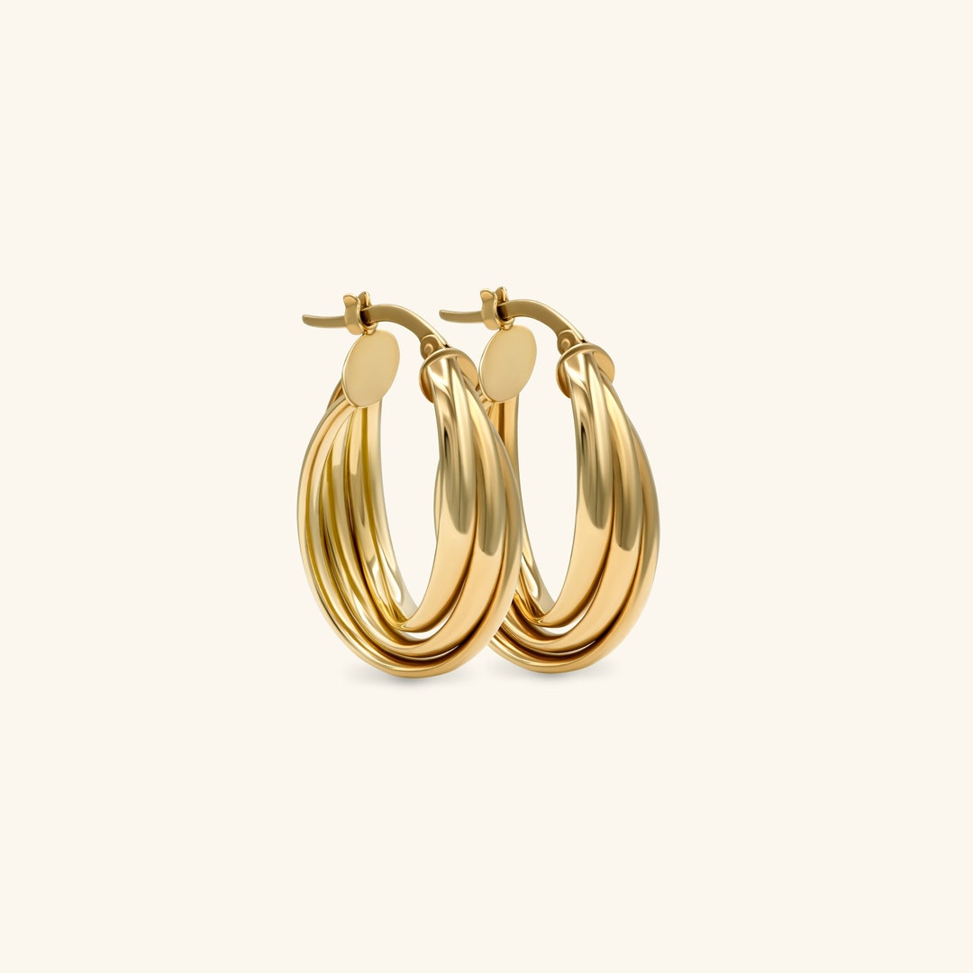 14k Solid Gold Layered Hoop Earrings Real Gold Hoops Elegant Oval Hoops ...