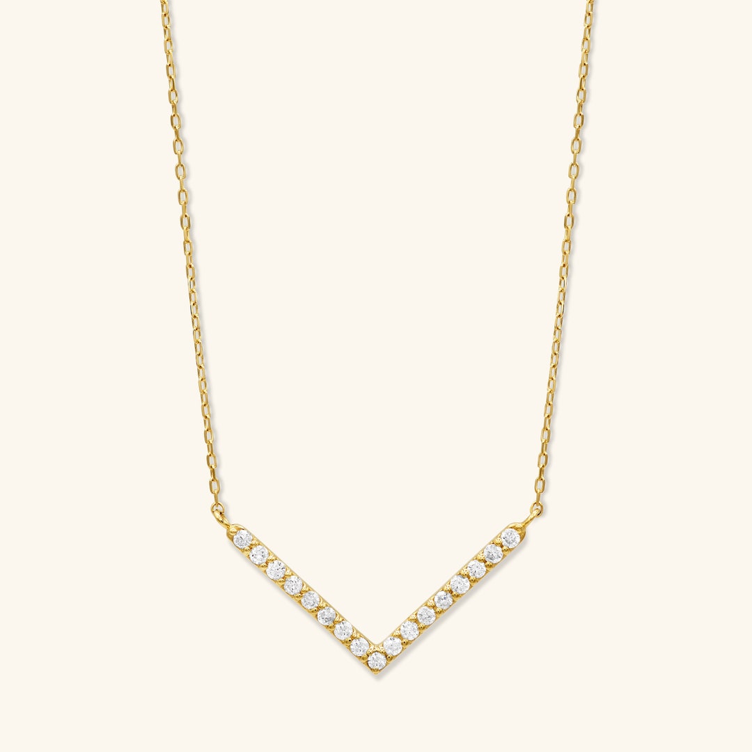 18k Solid Gold V Shape Necklace / Diamond Chevron Necklace / Dainty ...