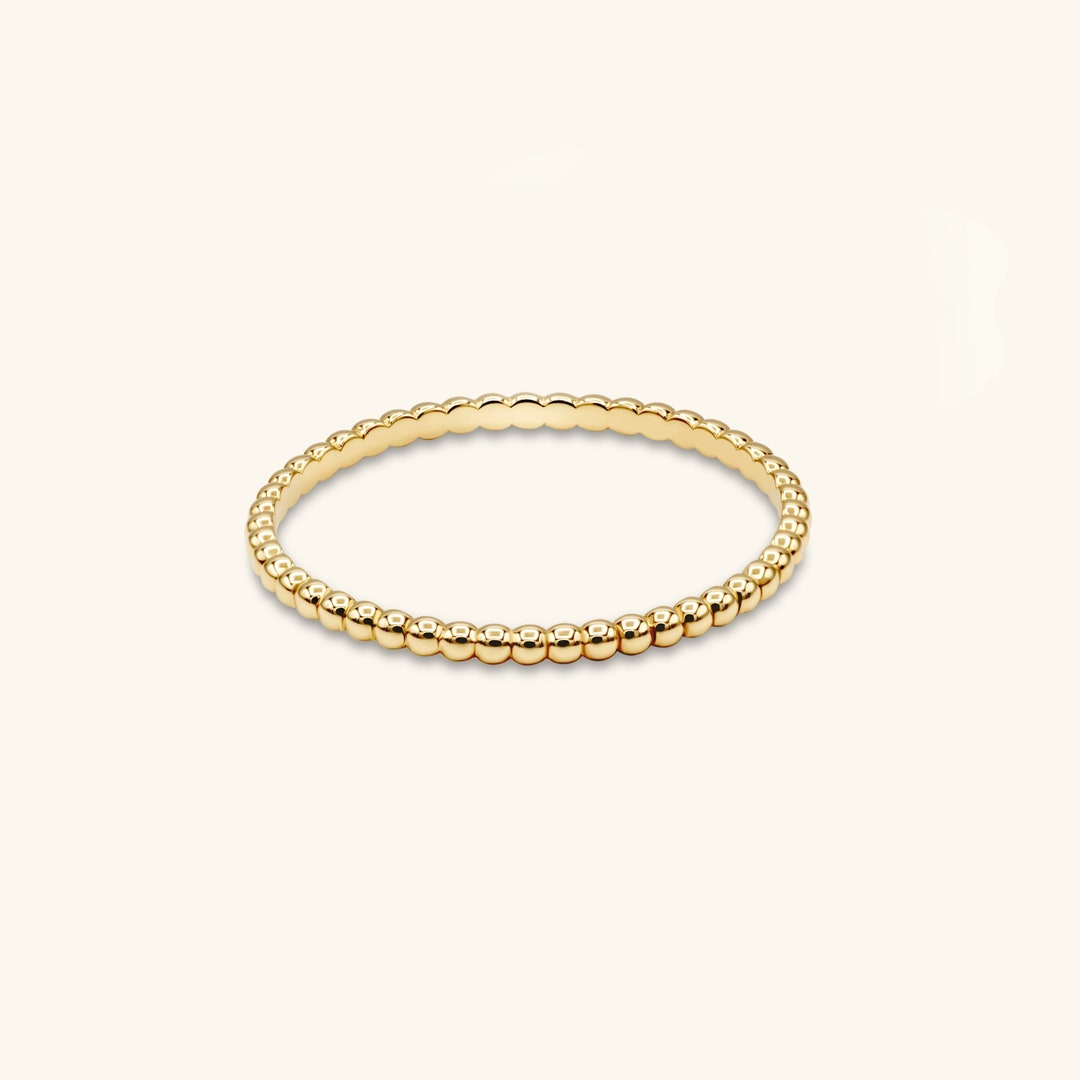 14k Solid Yellow Gold Thin Bubble Stacking Ring / Skinny Beaded Wedding ...