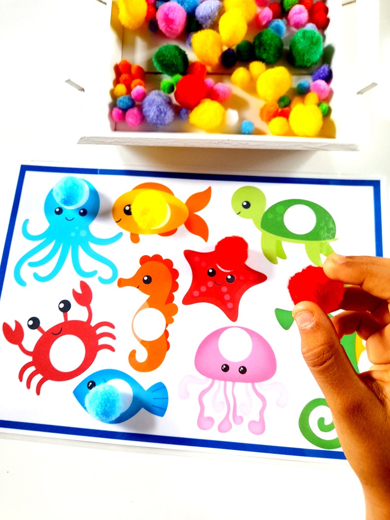 Color Activity With Pompoms, Fine Motor Skills, Homeschool Worksheet ...