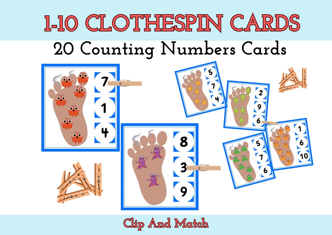 1-10 Clothespin Cards, Counting Number Flash Cards, Printable Counting ...