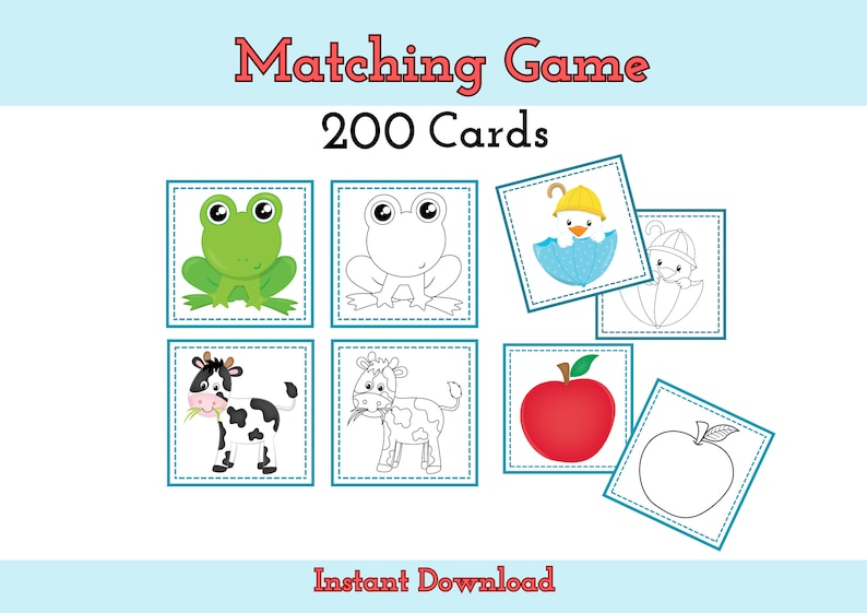 Matching Card Game, Printable Activity for Toddlers, Fine Motor Skills ...