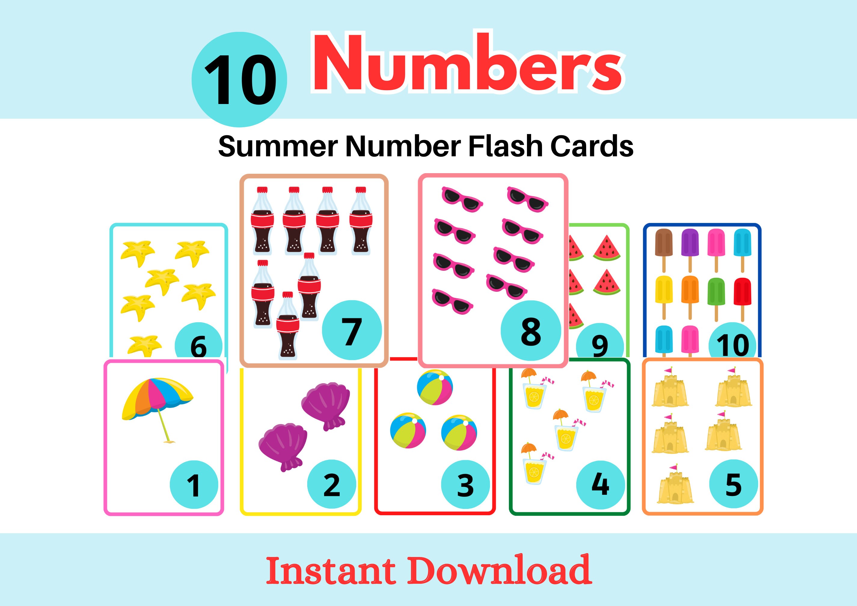 Summer Number Flash Cards, Printable Counting Cards Activity - Etsy