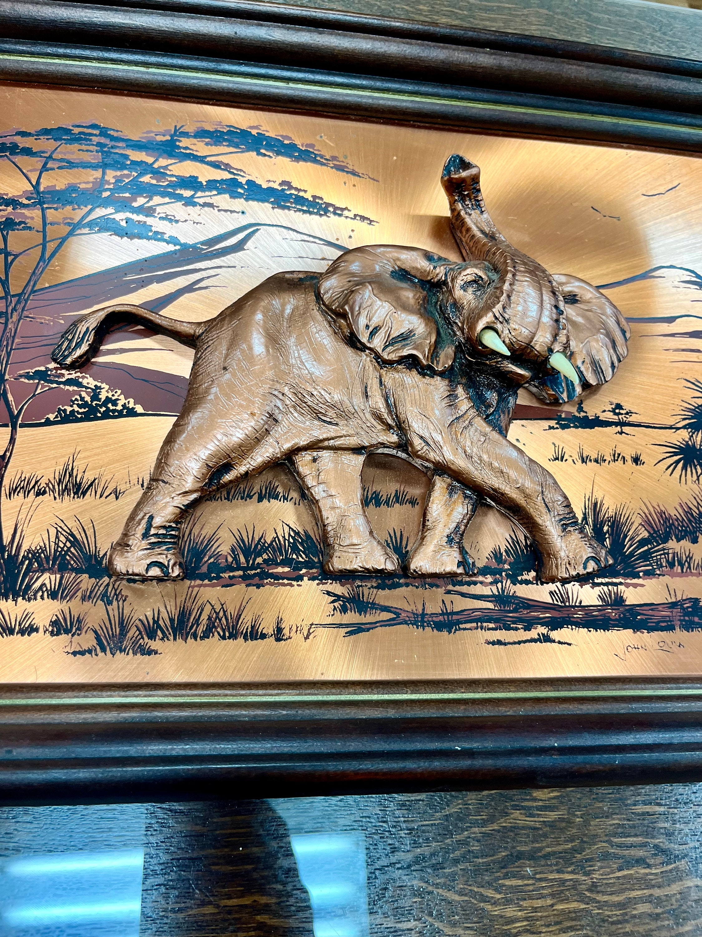 Vintage John Louw 3D Copper Framed Art of Bull Elephant Roaming the ...