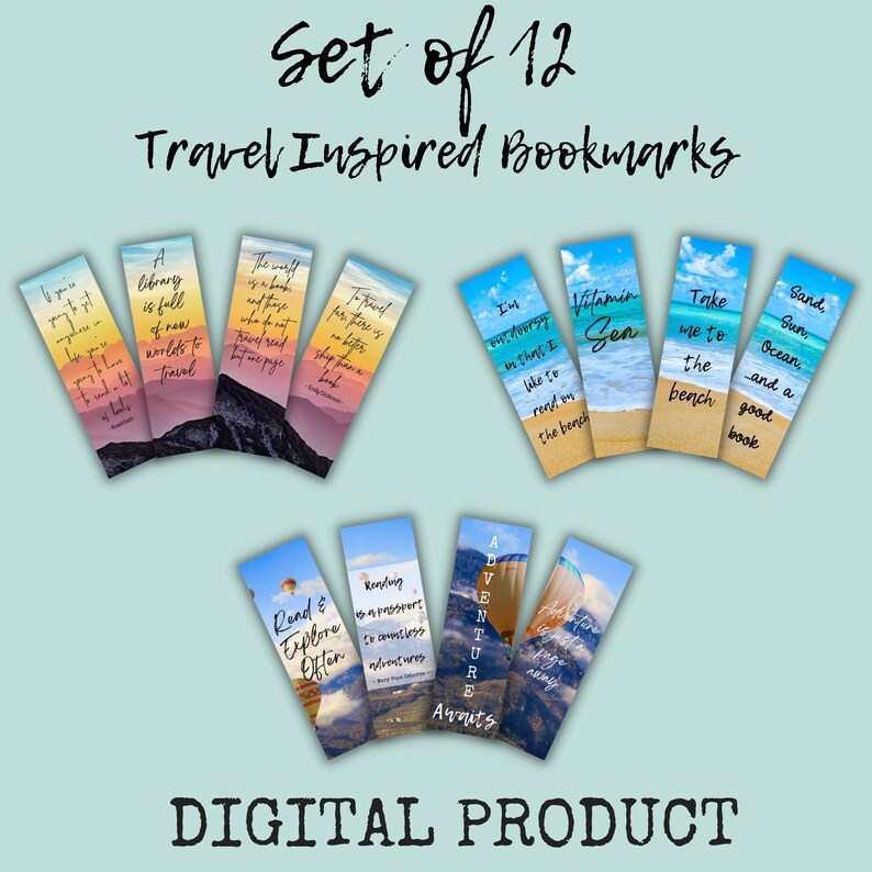 Printable Bookmarks, Set of 12 Travel Inspired Bookmarks, Digital ...