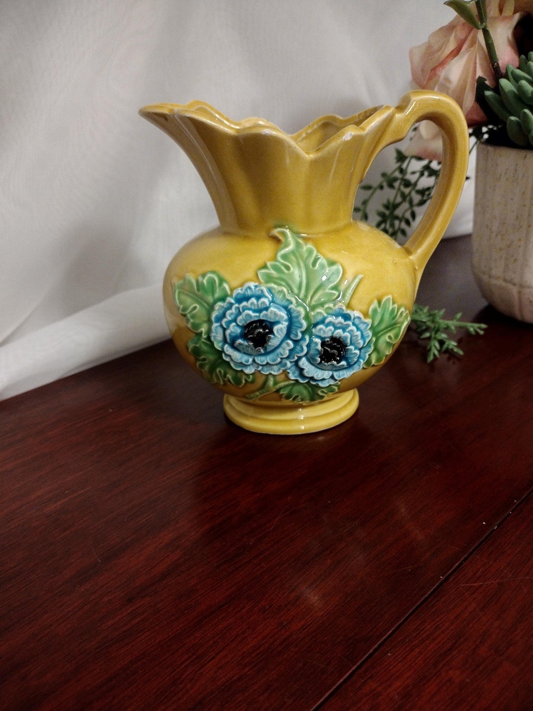 Vintage Yellow and Blue Floral Ceramic Pitcher, Made in Japan - Etsy