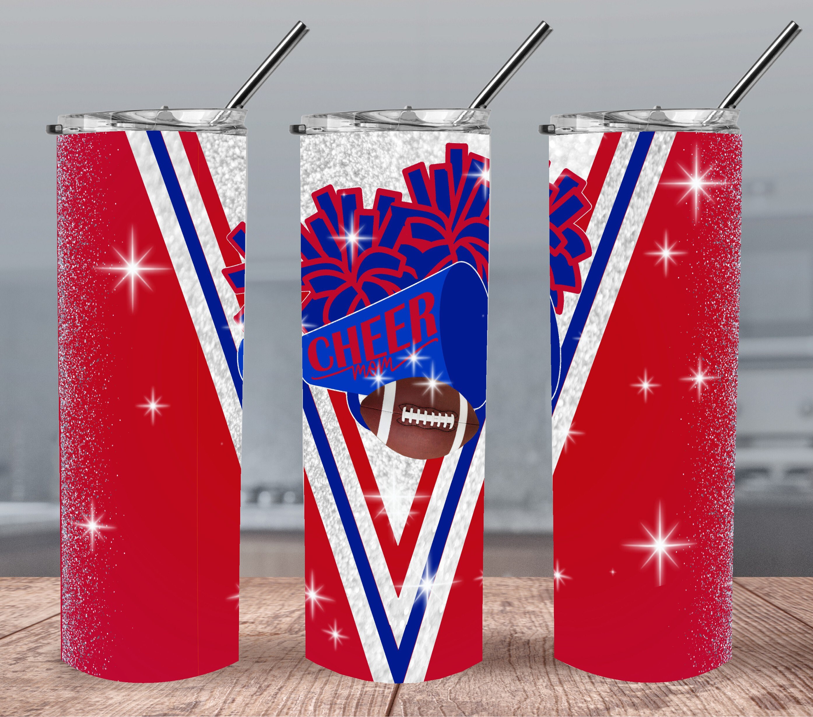 Cheer Mom Tumbler PNG. Red and Blue Pom Poms . Cheer / Football Tumbler ...