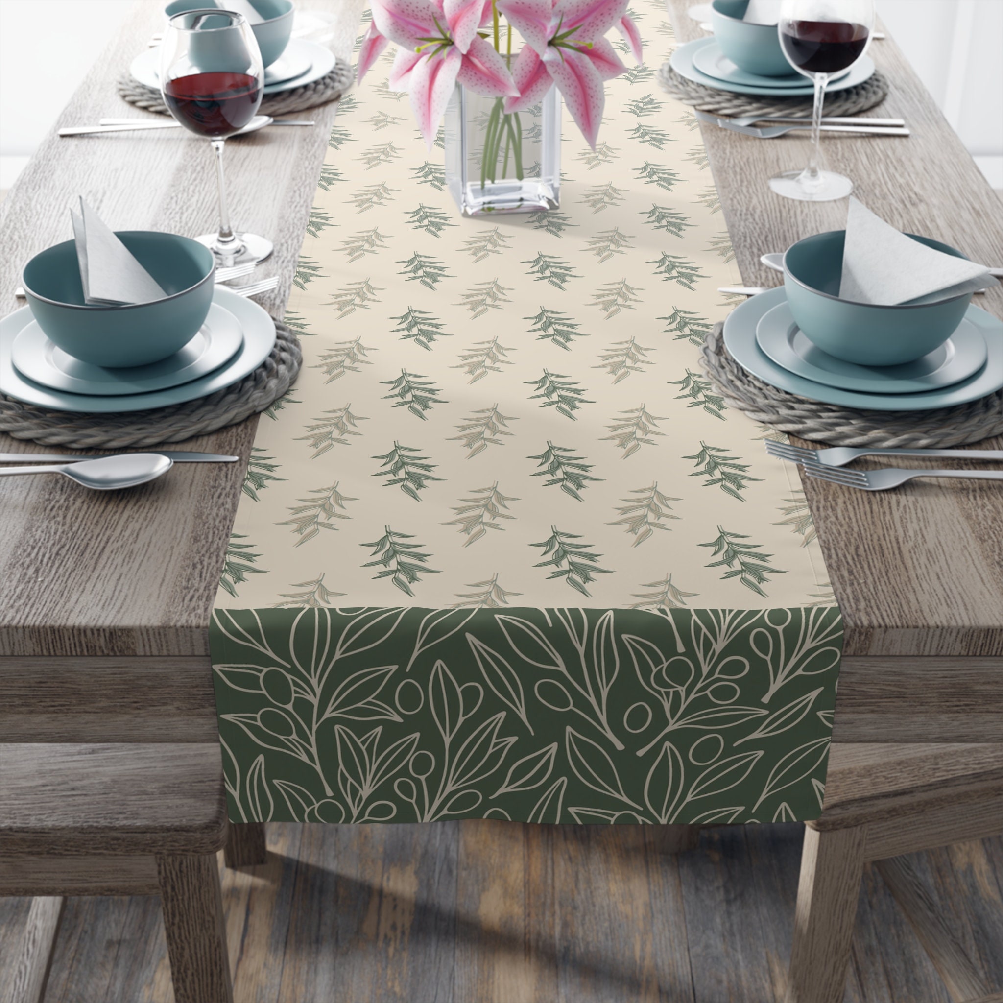 Table Runner With Sage Green & Olive Leaves, Earthy Farmhouse Table ...