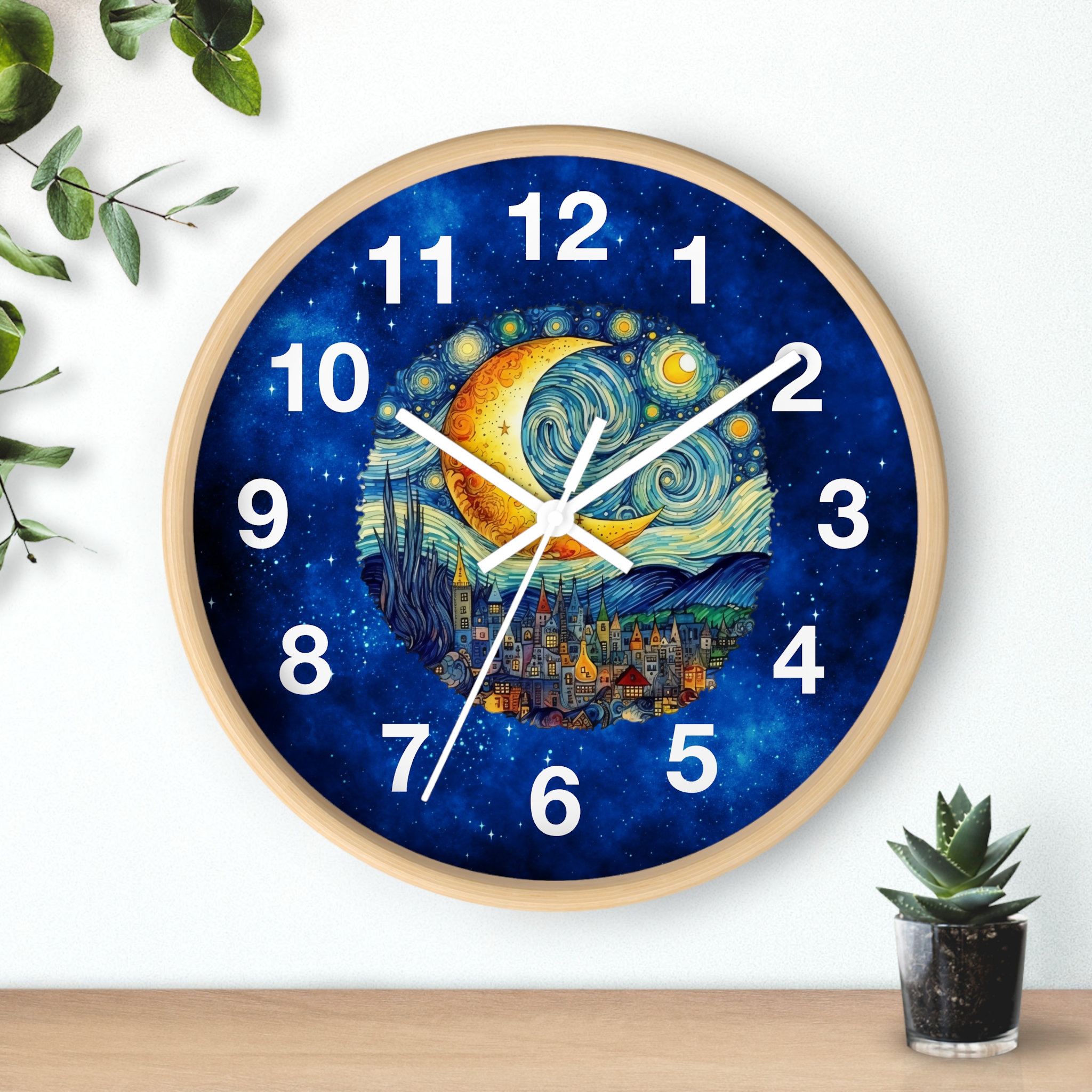 Celestial Moon and Stars Old World Town Clock, Boho Night Sky Cityscape ...