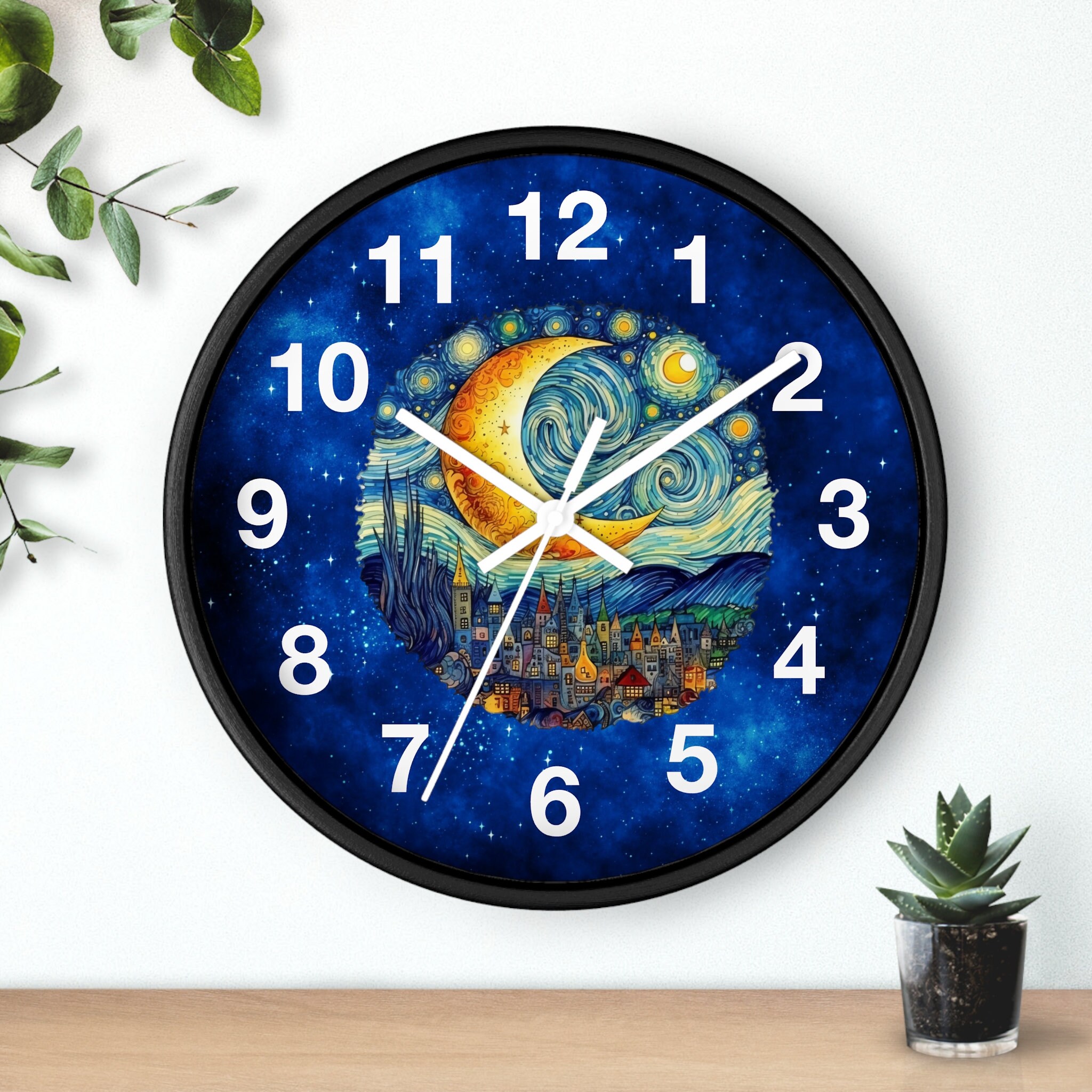 Celestial Moon and Stars Old World Town Clock, Boho Night Sky Cityscape ...