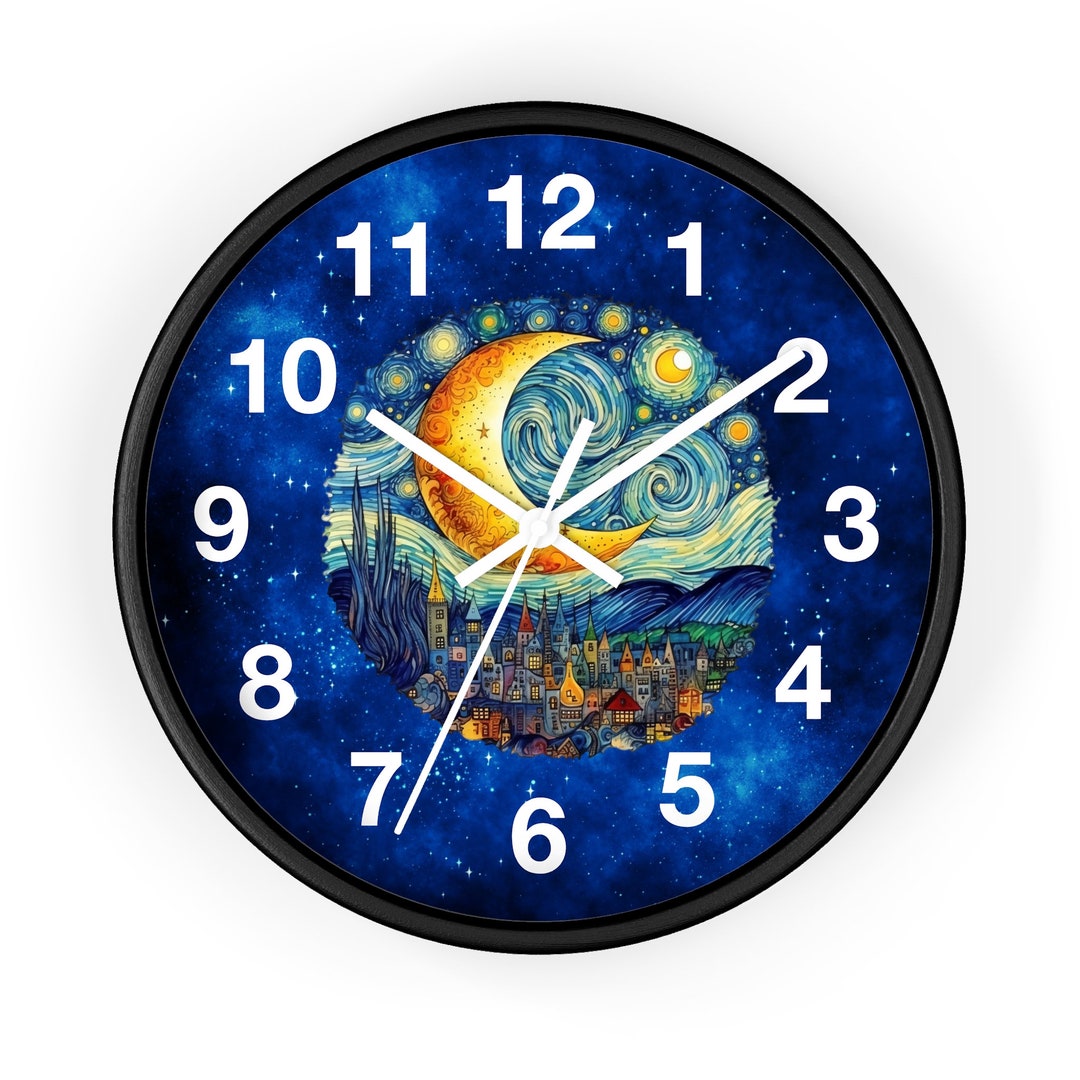 Celestial Moon and Stars Old World Town Clock, Boho Night Sky Cityscape ...