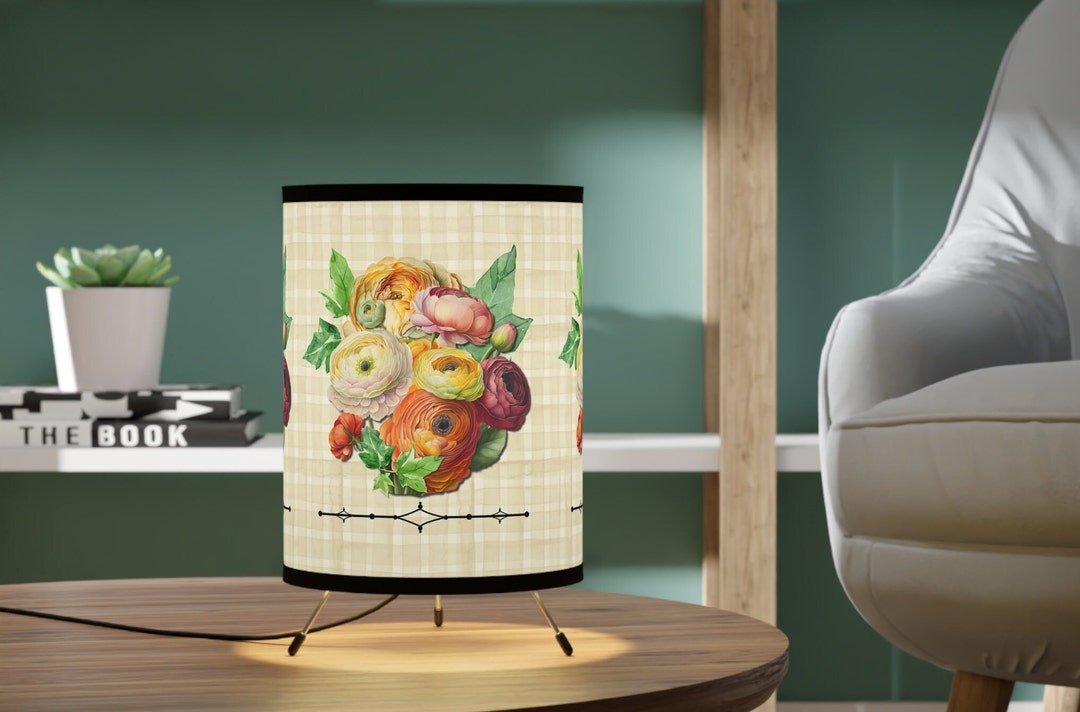 Cottagecore Ranunculus Flower Table Lamp, Tripod Base W Printed Shade ...