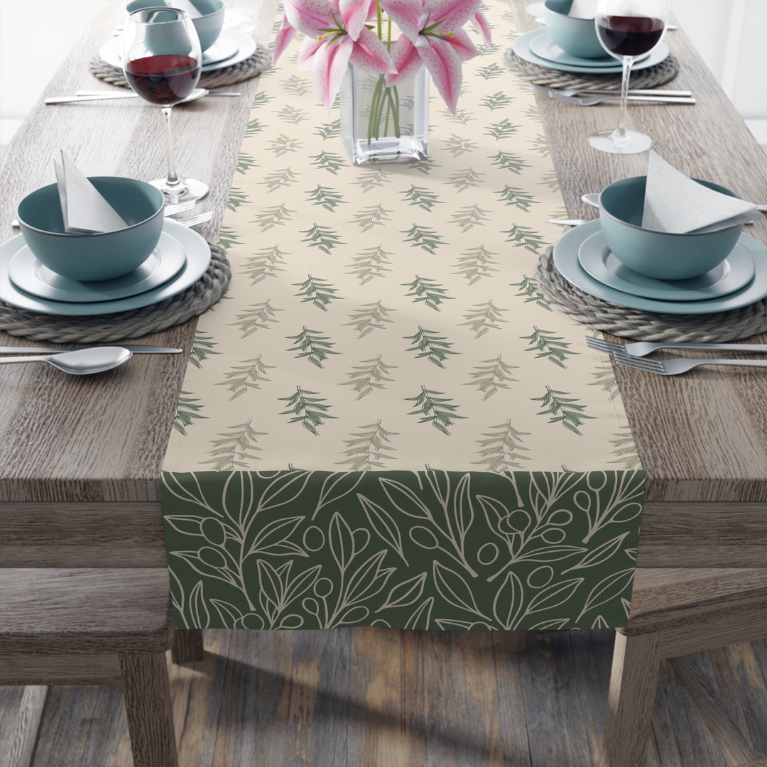 Table Runner With Sage Green & Olive Leaves, Earthy Farmhouse Table ...