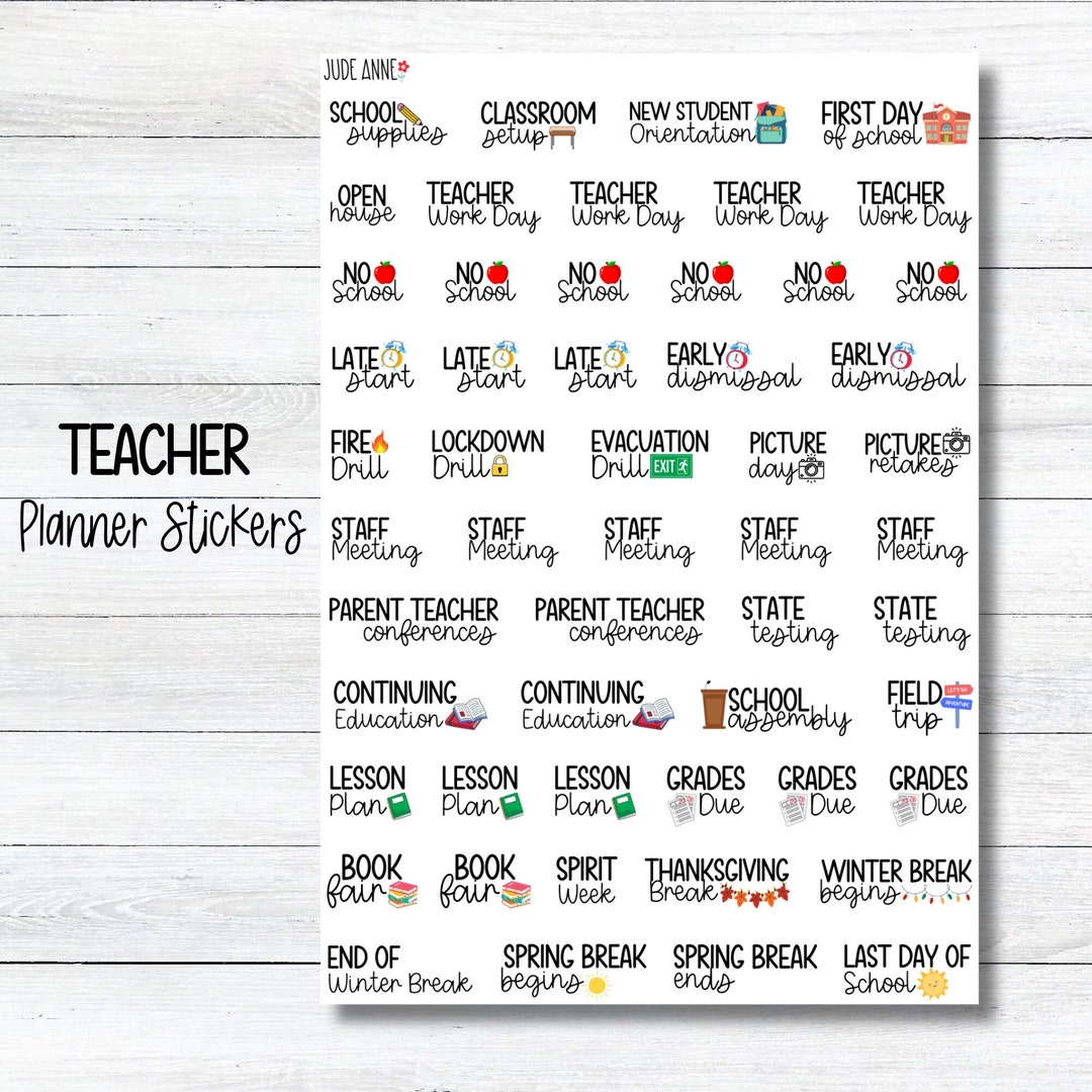 Teacher Planner Stickers, Cute Teacher Icons, Calendar, Yearly Teacher ...