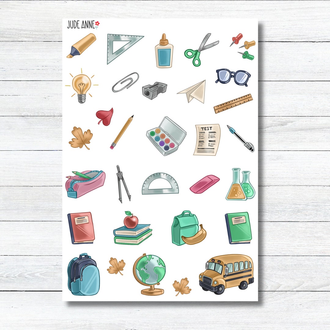 School Decorative Planner Stickers, Cute School Icons Planner Stickers ...