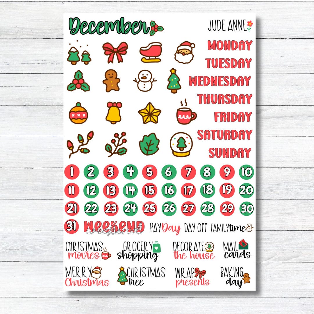 December Monthly Kit Planner Stickers, Christmas Deco Planner Kit ...