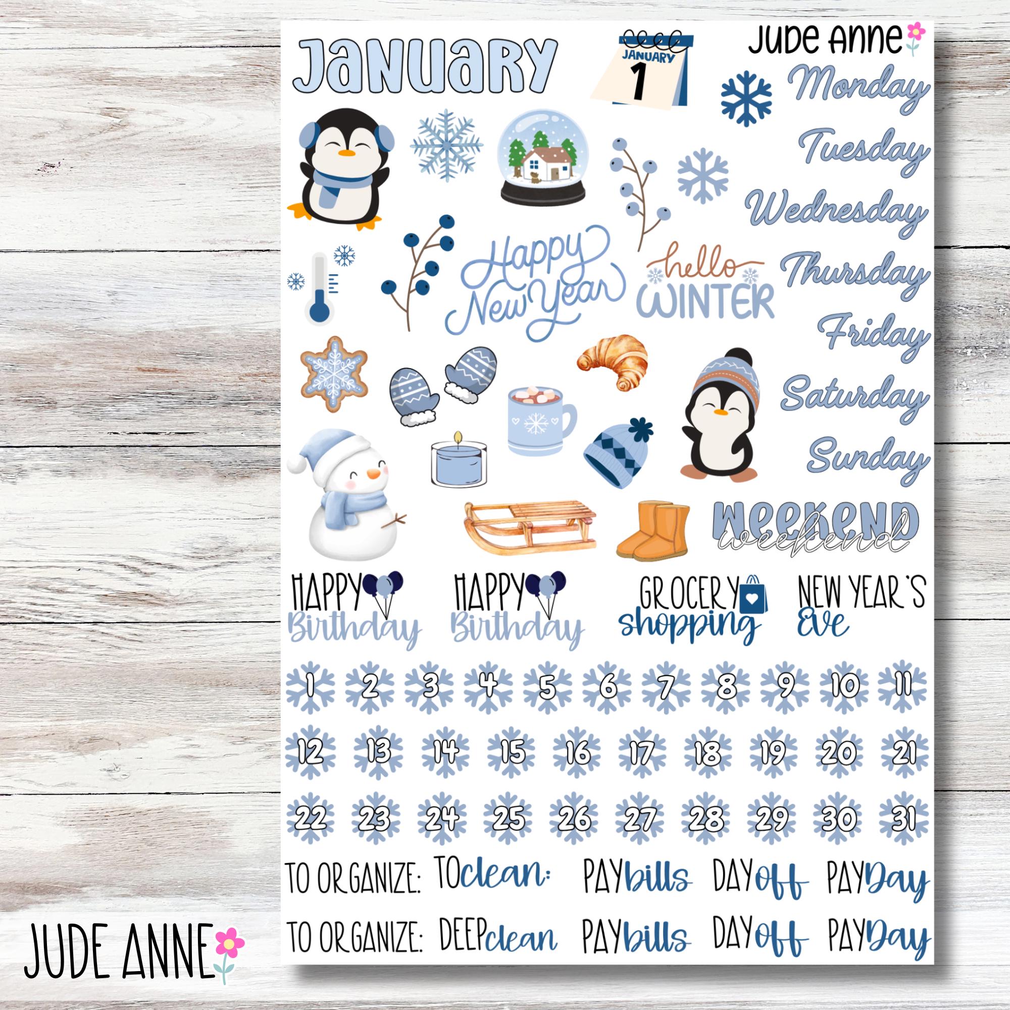 January Monthly Kit Planner Stickers, Winter Deco Planner Kit, Snow ...