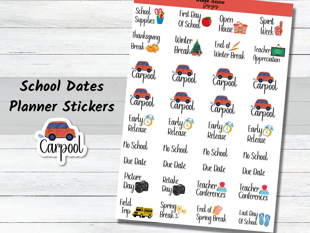 School Dates Planner Stickers, Cute School Icon Planner Stickers ...
