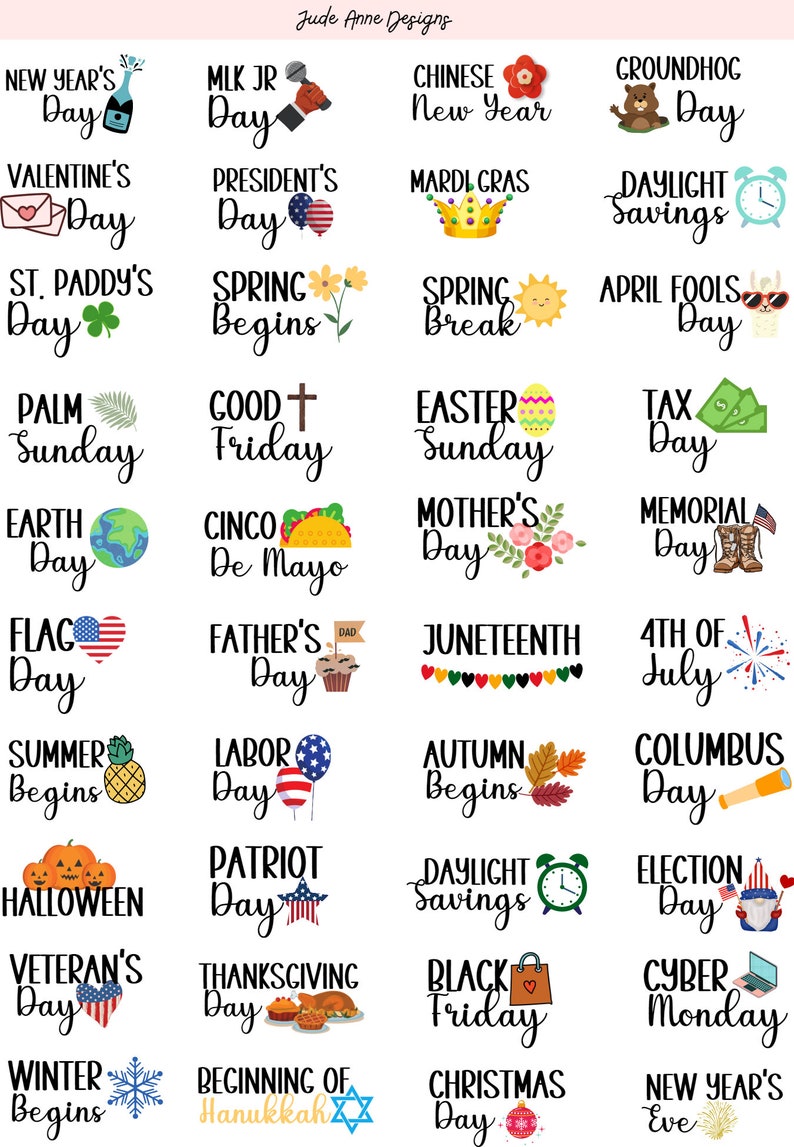 Holiday Planner Stickers Cute Holiday Icon Calendar U.S. - Etsy