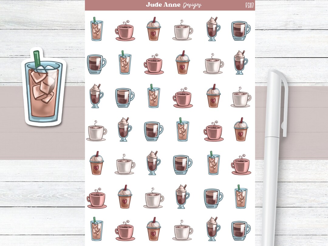 Coffee Planner Stickers (42), Assorted Cute Coffee Stickers, Latte ...